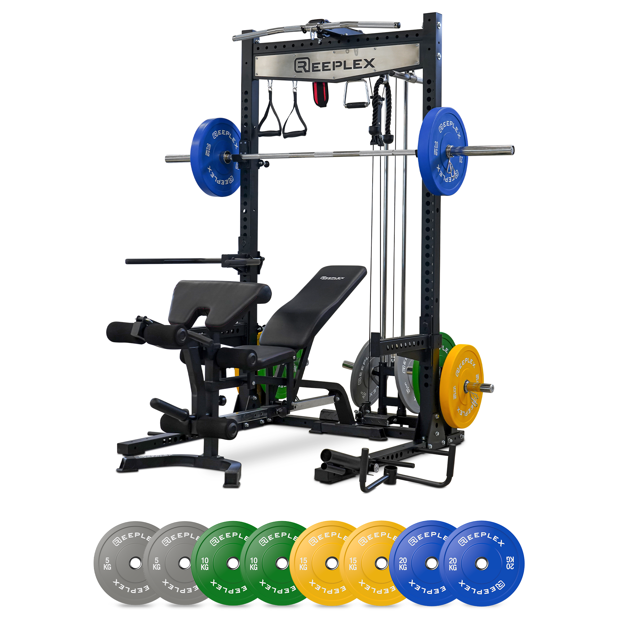 Reeplex RPR8 Squat Rack + Adjustable Bench + 100kg Coloured Bumper Wei