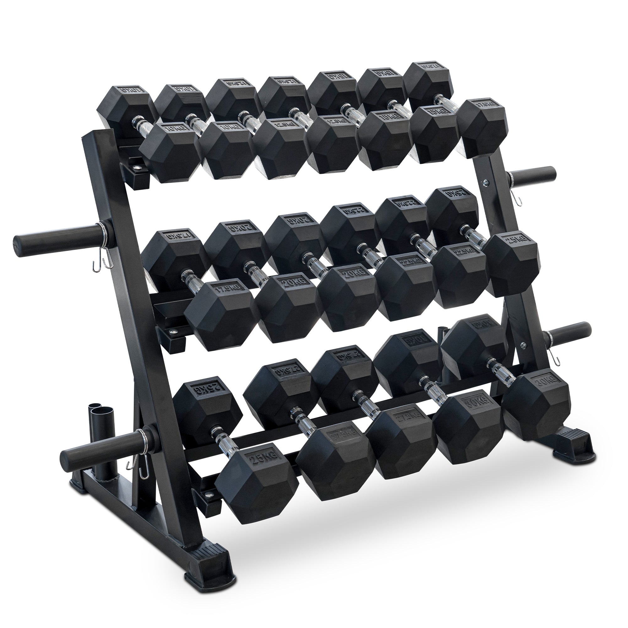 Rubber Hex Dumbbell Set 10–30kg with 3 Tier Rack | Dynamo Fitness