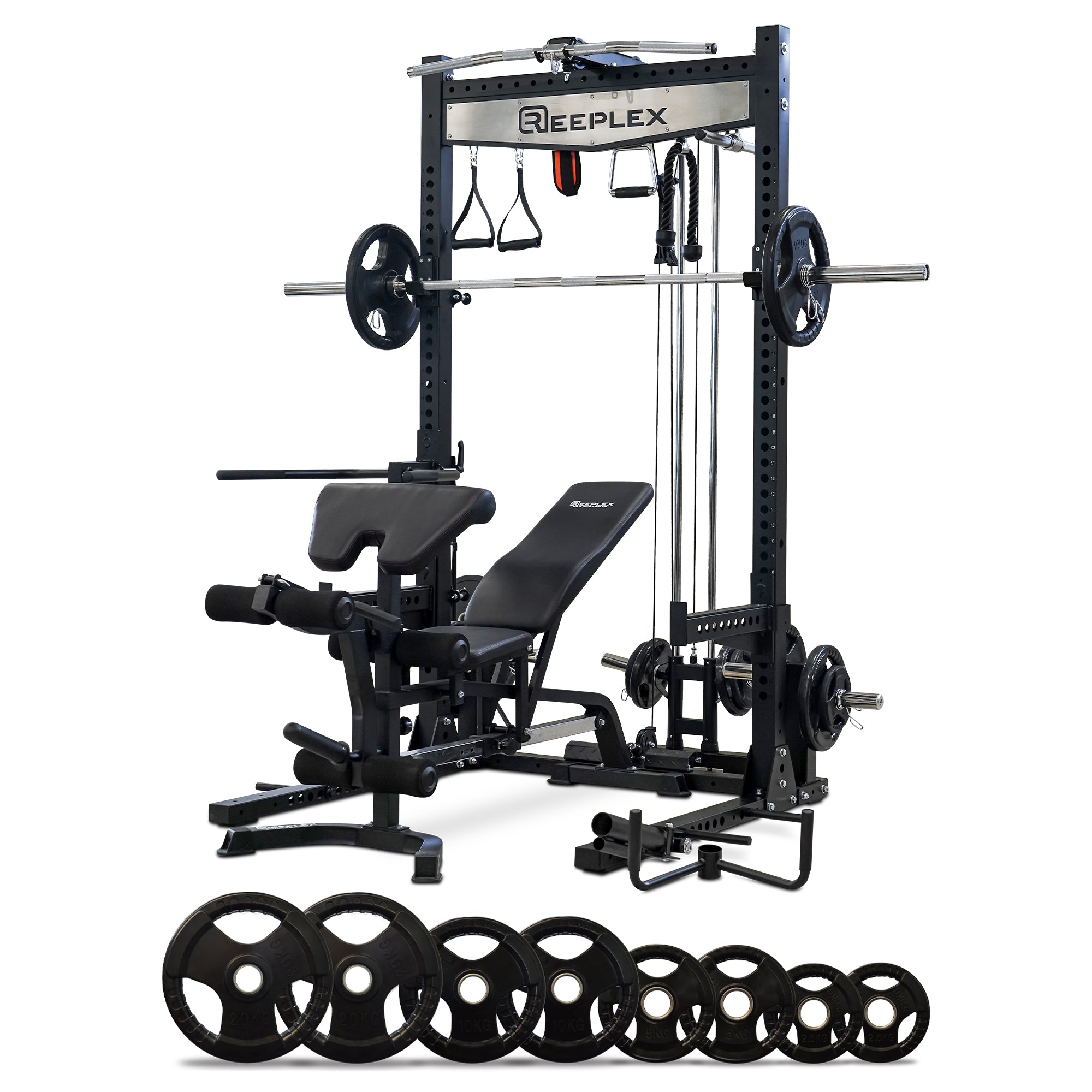 Reeplex RPR8 Squat Rack + Adjustable Bench + 100kg Olympic Weights + B